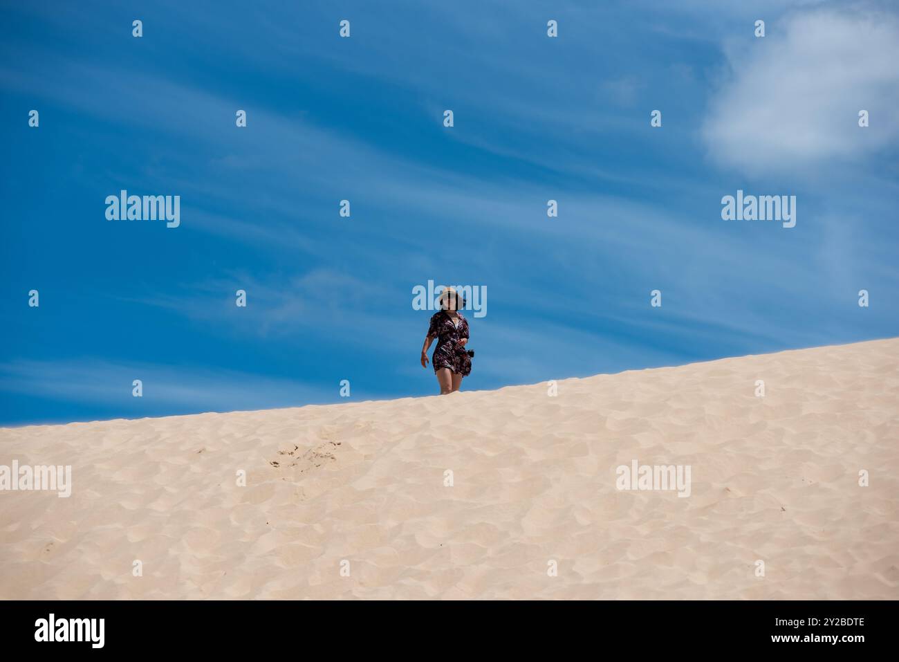 Female traveler standing on the ridge of sand dune and gazing down at ...