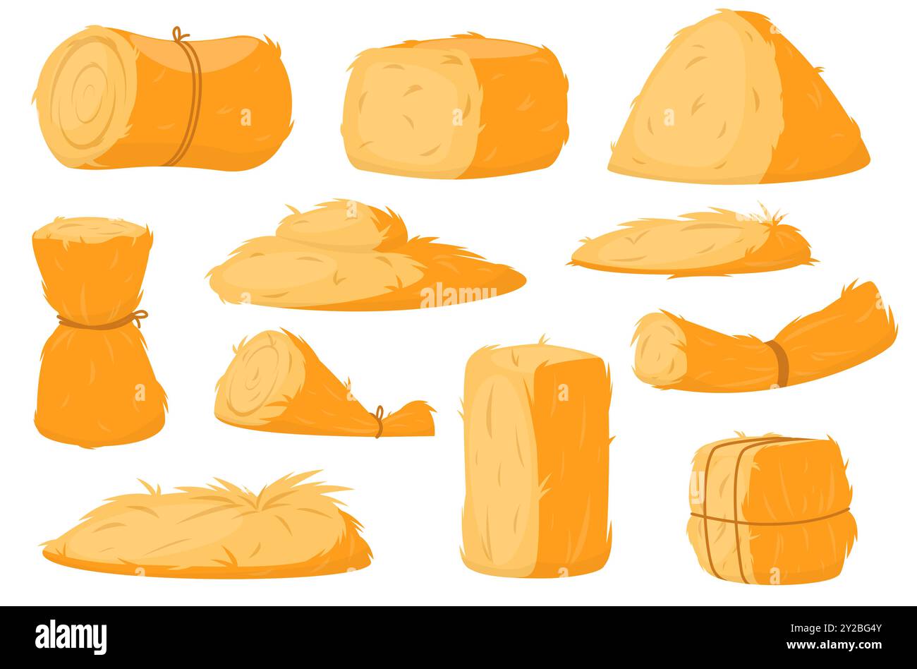 Hay bales. Cartoon sheaves and dry grass piles. Bundles of yellow straw ...