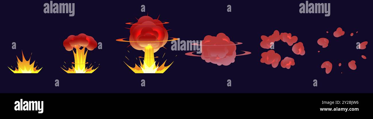 Explosion cartoon animation. Bomb exploding effect. Smoke clouds. Fire burning. Atomic energy ...