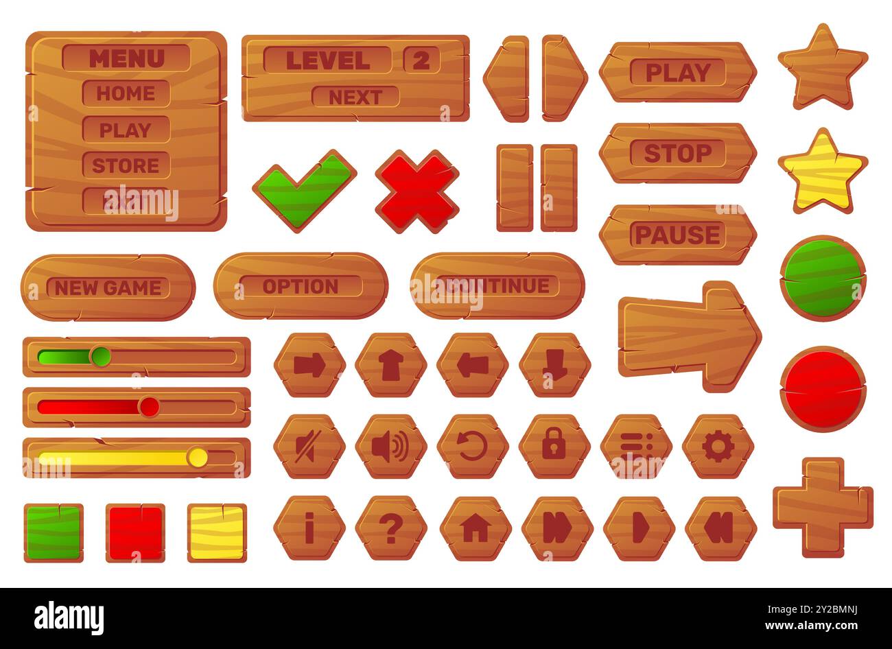 Cartoon wooden UI buttons and panels. Menu components and settings ...