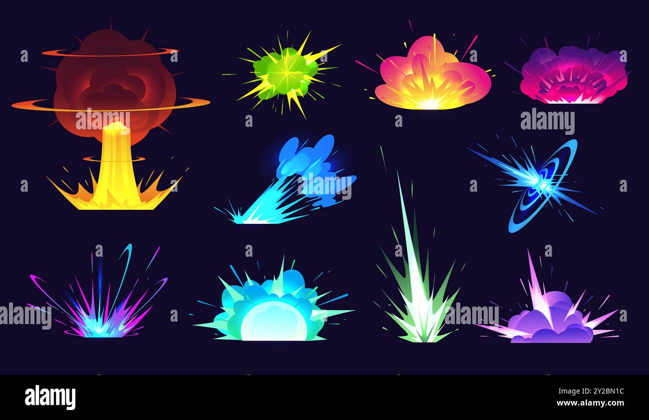 Cartoon colorful magic explosions. Bomb boom effect. Power blasts with ...