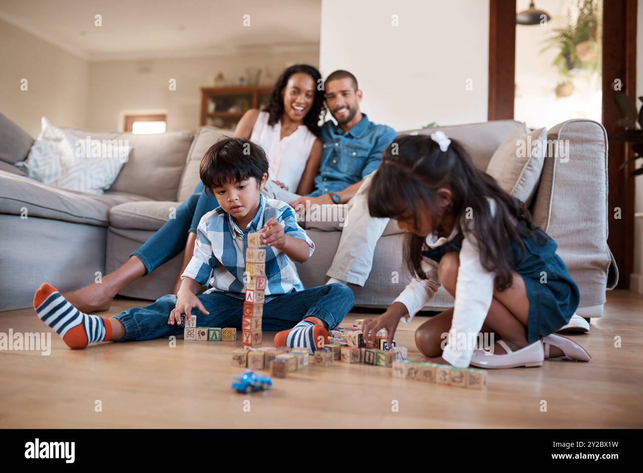 Kids, building blocks and activity in home, learning and siblings ...