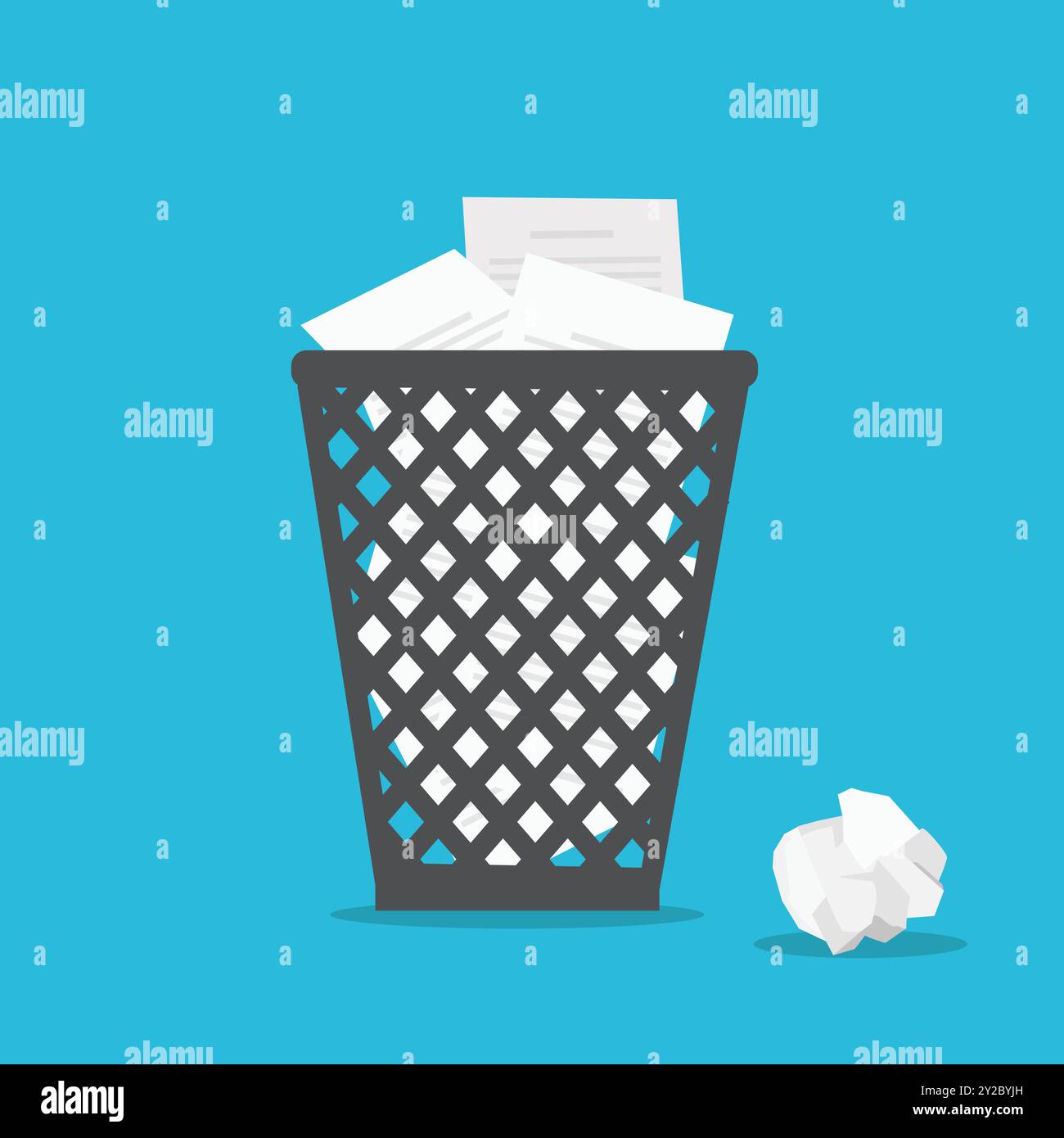 Paper in metal basket bin. Crumpled paper thrown in trash can ...