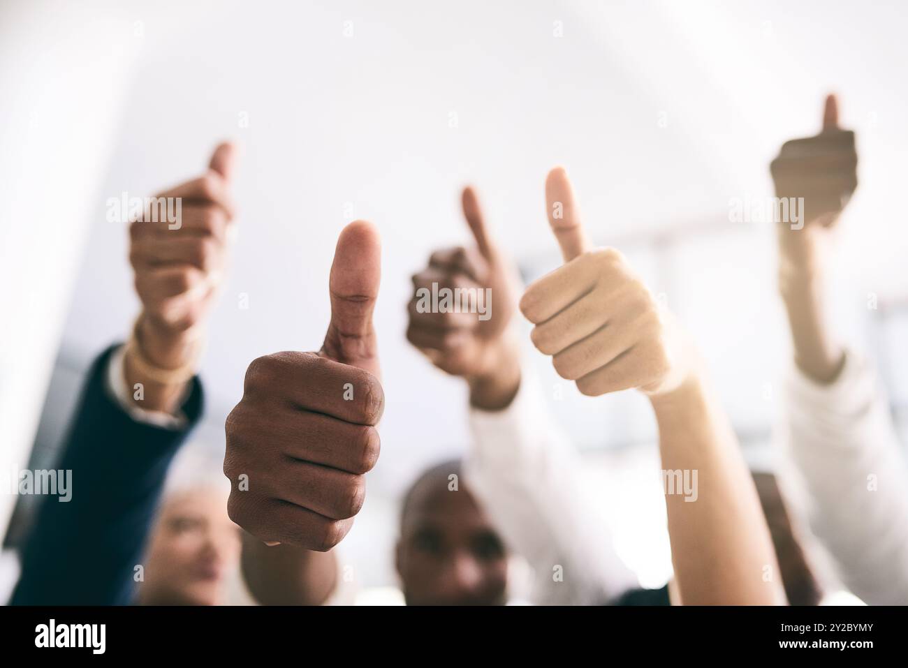 Group, thumbs up and business people closeup for support, success or ...