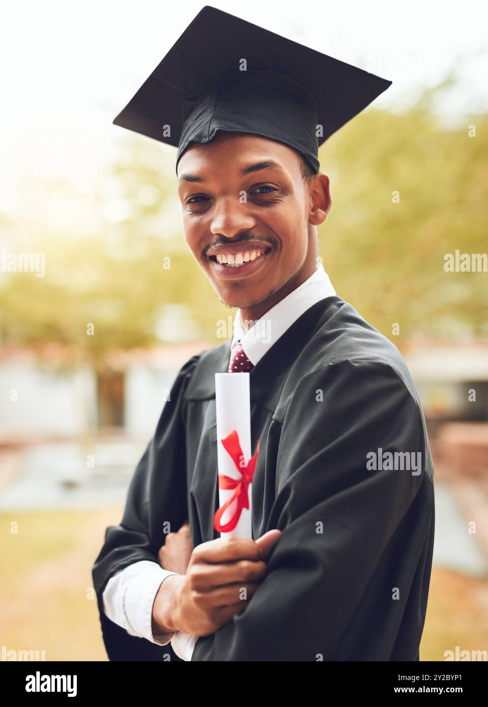 Happy black man, portrait and graduate with certificate for ...