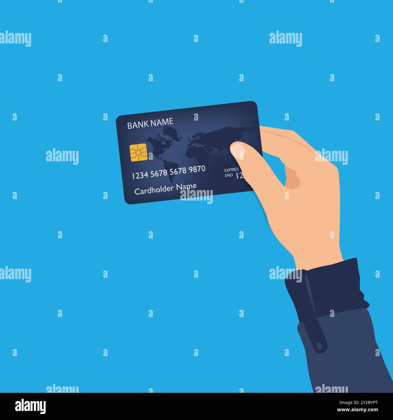 Hand holding bank credit card isolated on blue background. Vector ...