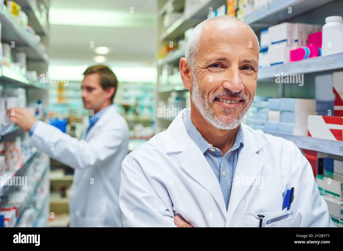 Portrait, pharmacist and man in store, healthcare and expert for ...