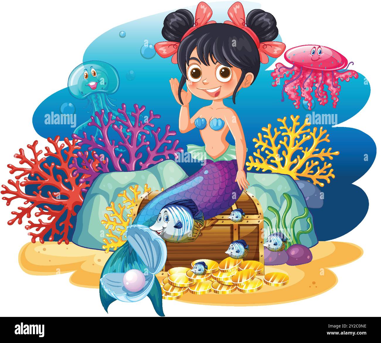 Mermaid with sea creatures and treasure chest Stock Vector Image & Art ...