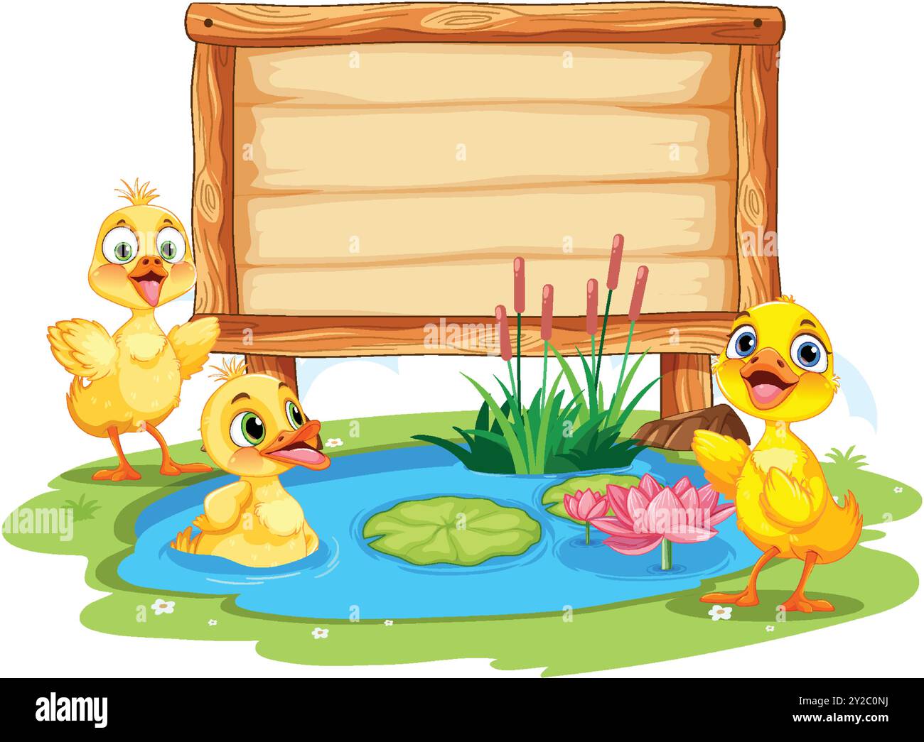 Three ducklings near a pond and wooden sign Stock Vector Image & Art - Alamy