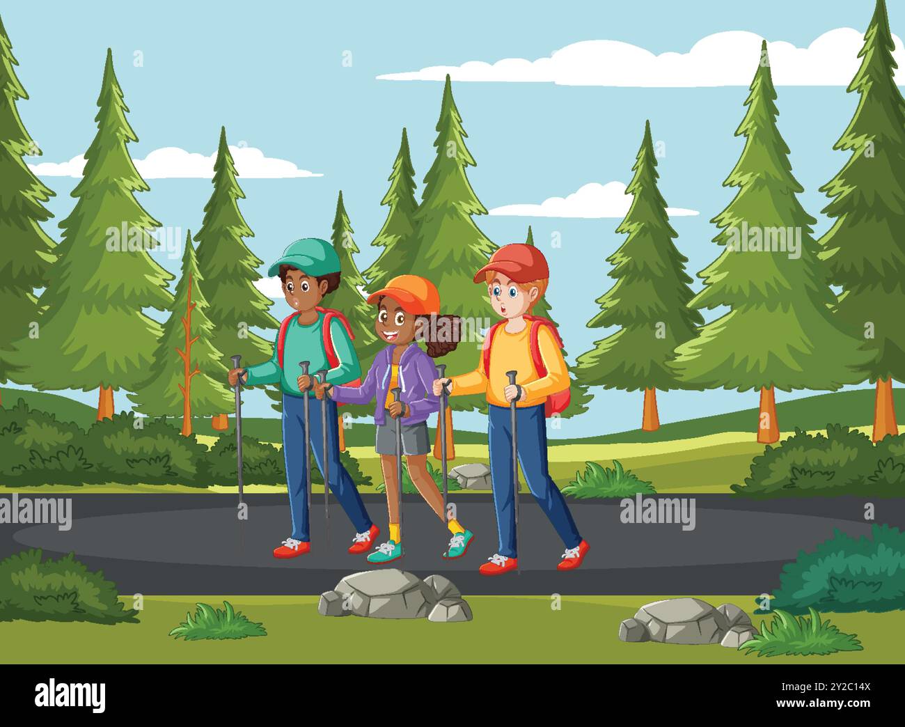 Three kids hiking on a forest trail Stock Vector Image & Art - Alamy