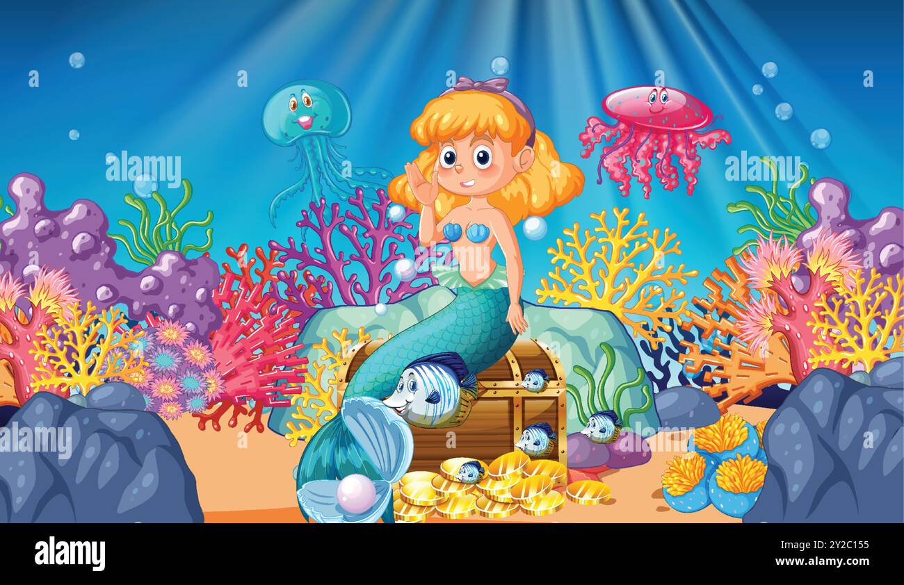 Mermaid with treasure chest and sea creatures Stock Vector Image & Art ...