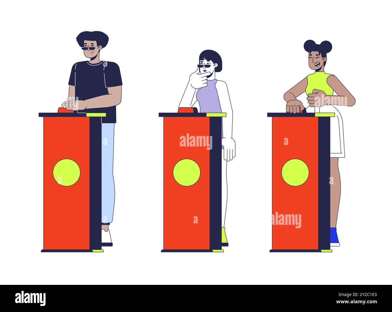 Quiz show participants standing behind buzzer podiums 2D cartoon ...