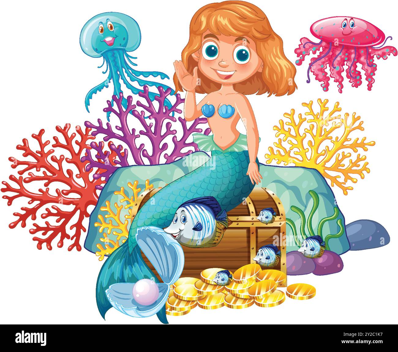 Mermaid with sea creatures and treasure chest Stock Vector Image & Art ...