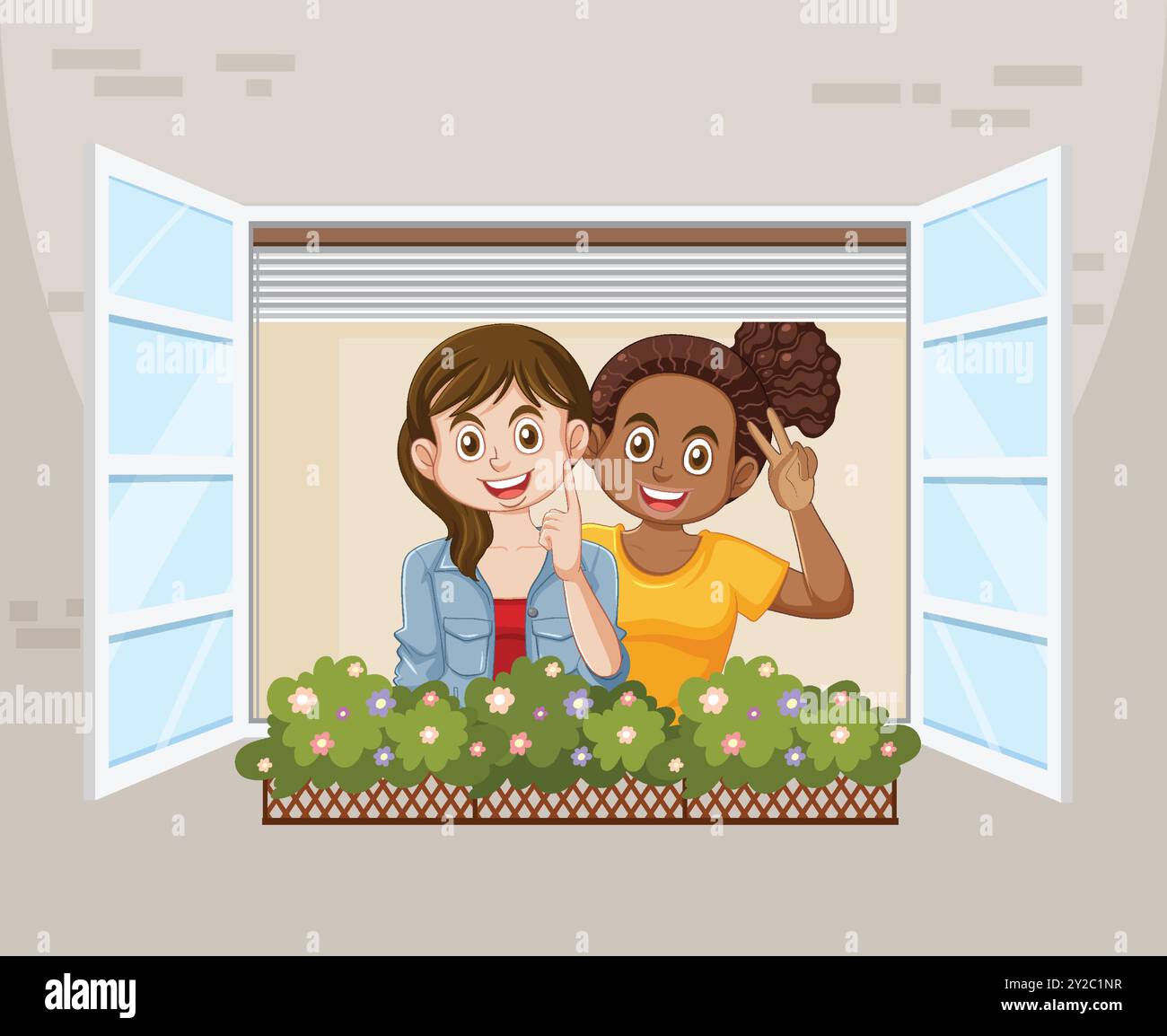 Two friends smiling and posing at window Stock Vector Image & Art - Alamy