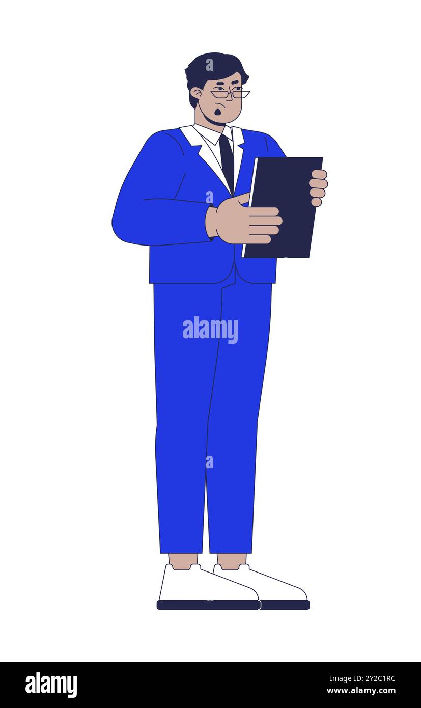 Tensed male tv show host holding clipboard 2D cartoon character Stock ...