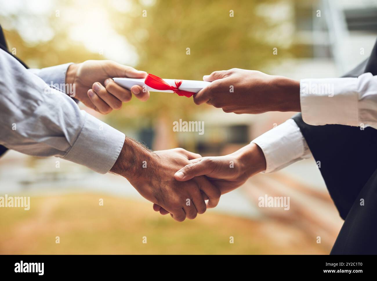 People, student or certificate with handshake for graduation ...