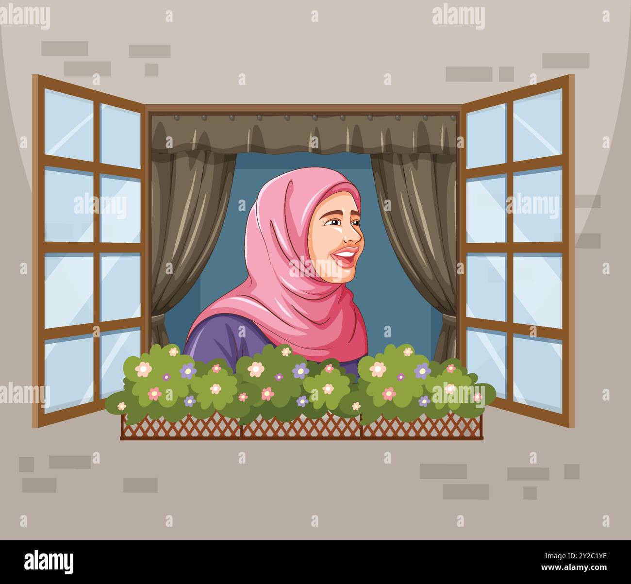 A woman in hijab smiling through window Stock Vector Image & Art - Alamy