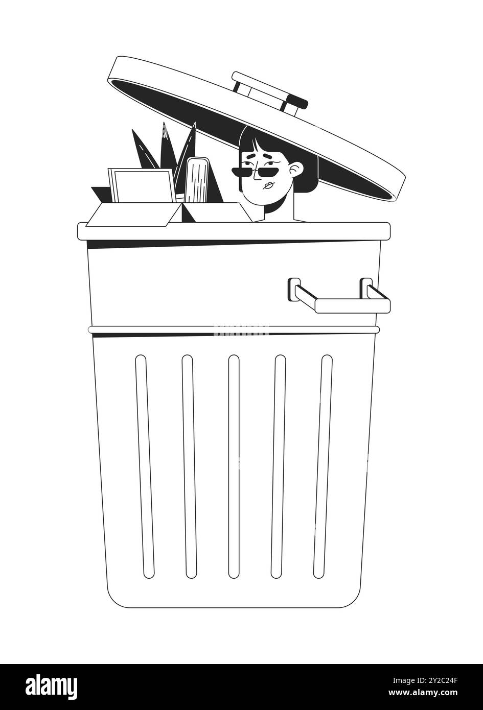 Sad discharged asian woman in waste container black and white 2D line ...