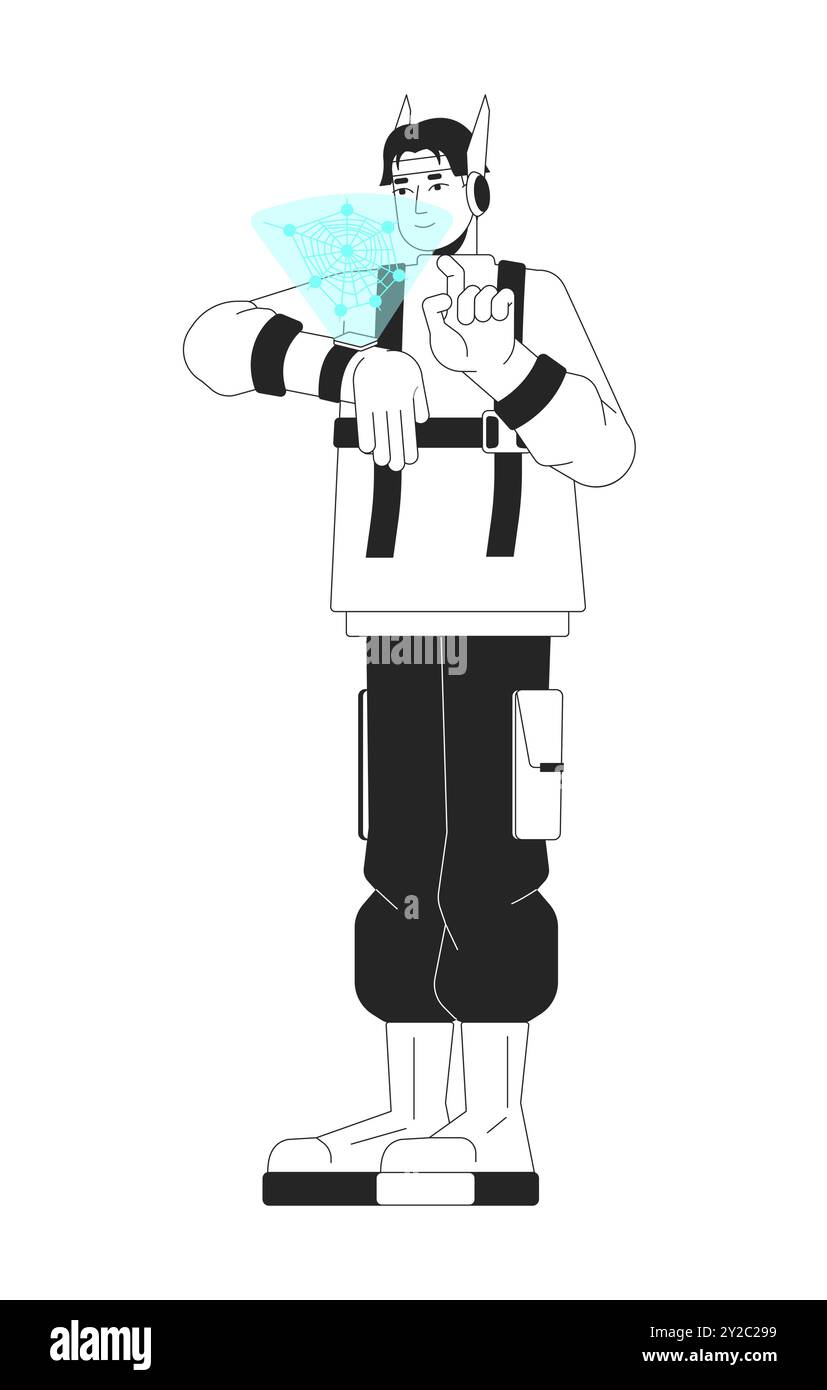 Hologram wrist watch futuristic man black and white line illustration ...