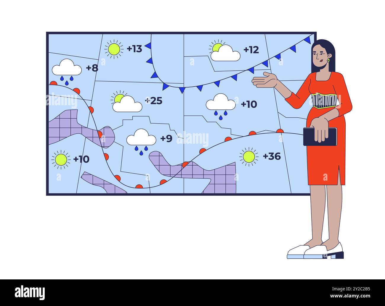 Weather presenter woman forecasting precipitations, temperature 2D ...