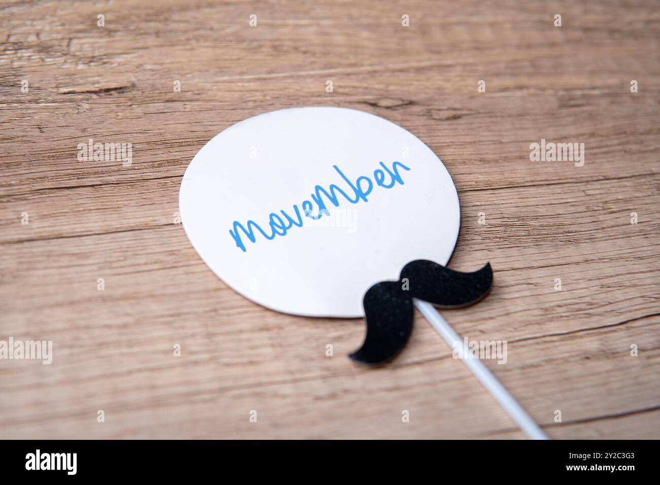 A white oval paper with the word “Movember” attached to a stick and ...