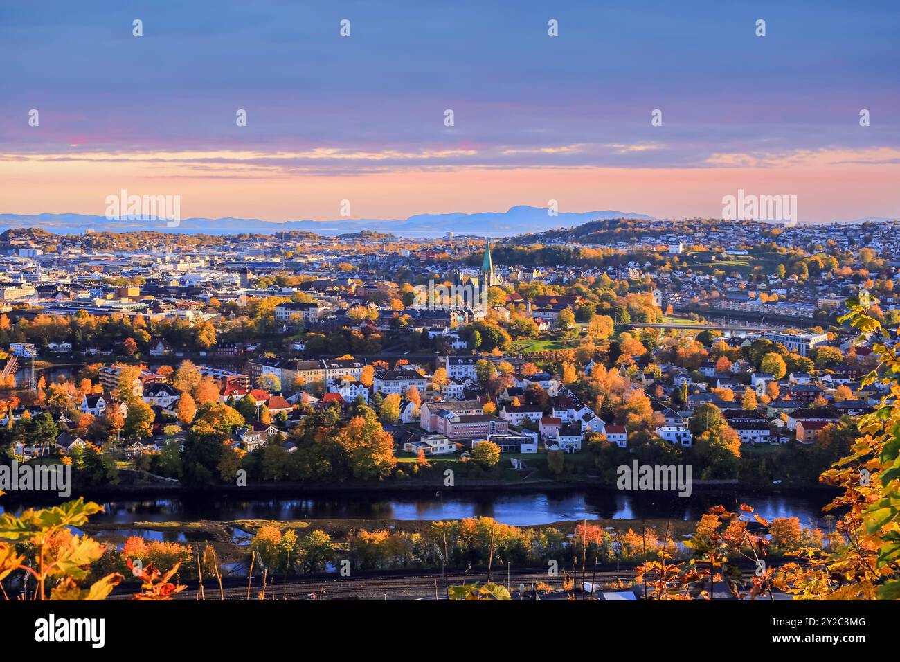 Autumn in Trondheim, aerial view of the historical downtown and river ...