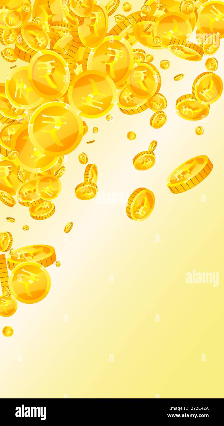 Indian rupee coins falling. Scattered gold INR coins. India money ...