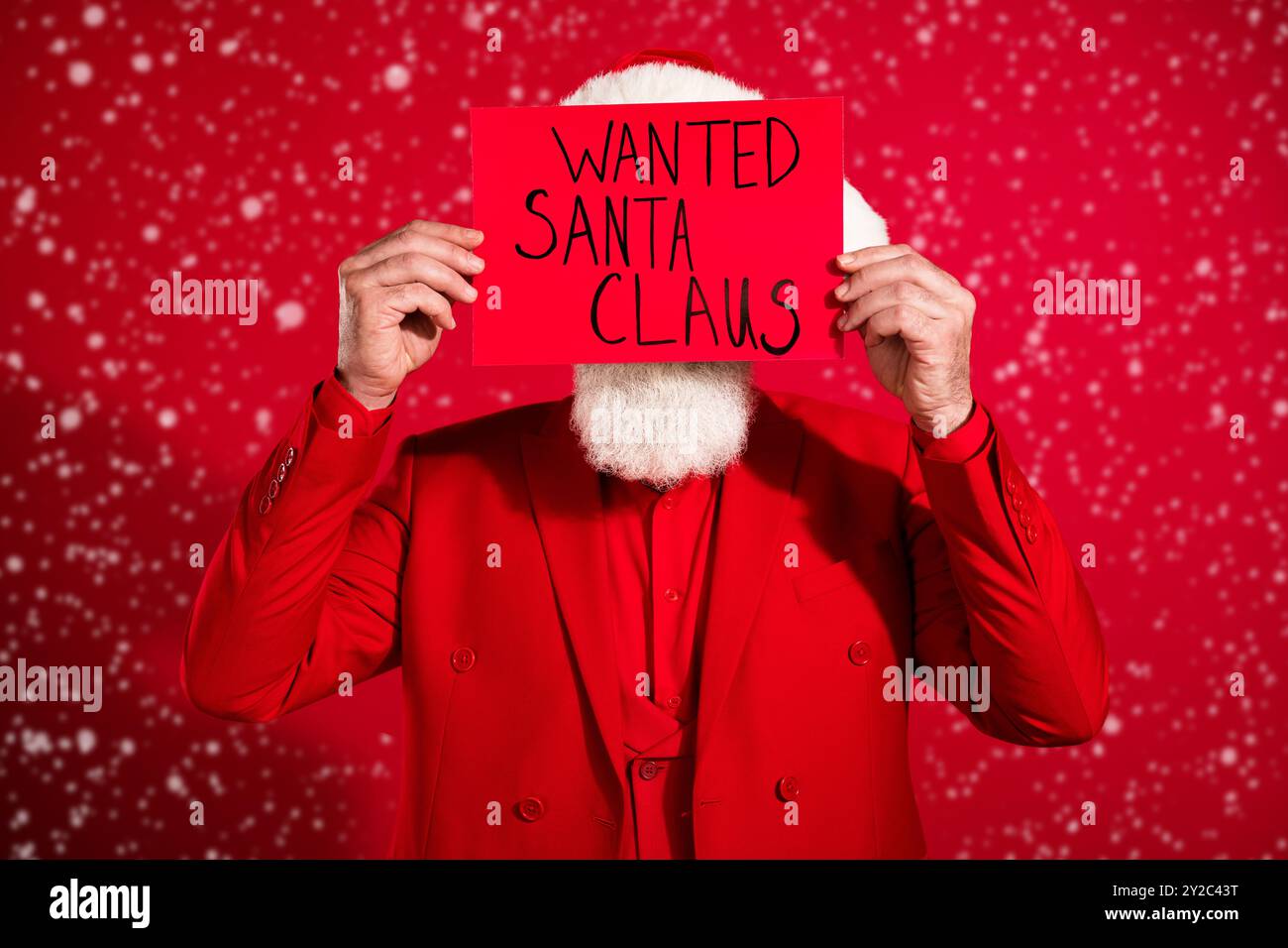 Photo of shy retired man dressed christmas costume hat hiding behind ...