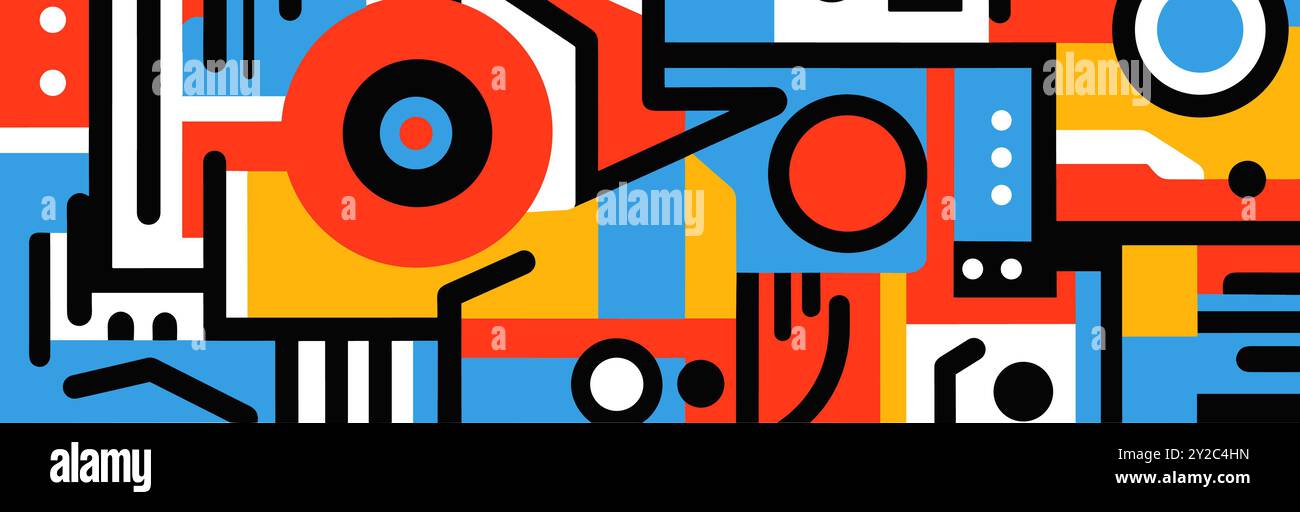 Horizontal banner with naive doodle forms and colorful patterns in ...