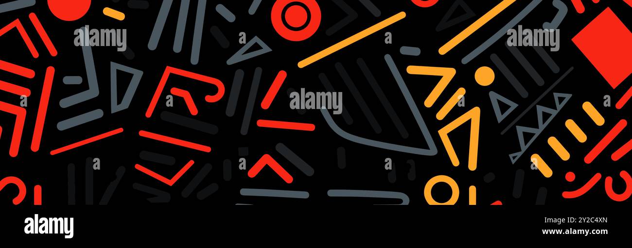 Abstract horizontal art banner with naive doodle forms in colorful ...