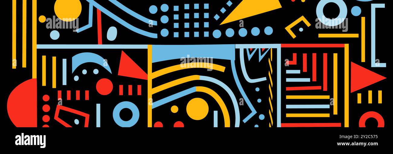 Colorful abstract horizontal art banner with naive doodle shapes in a ...