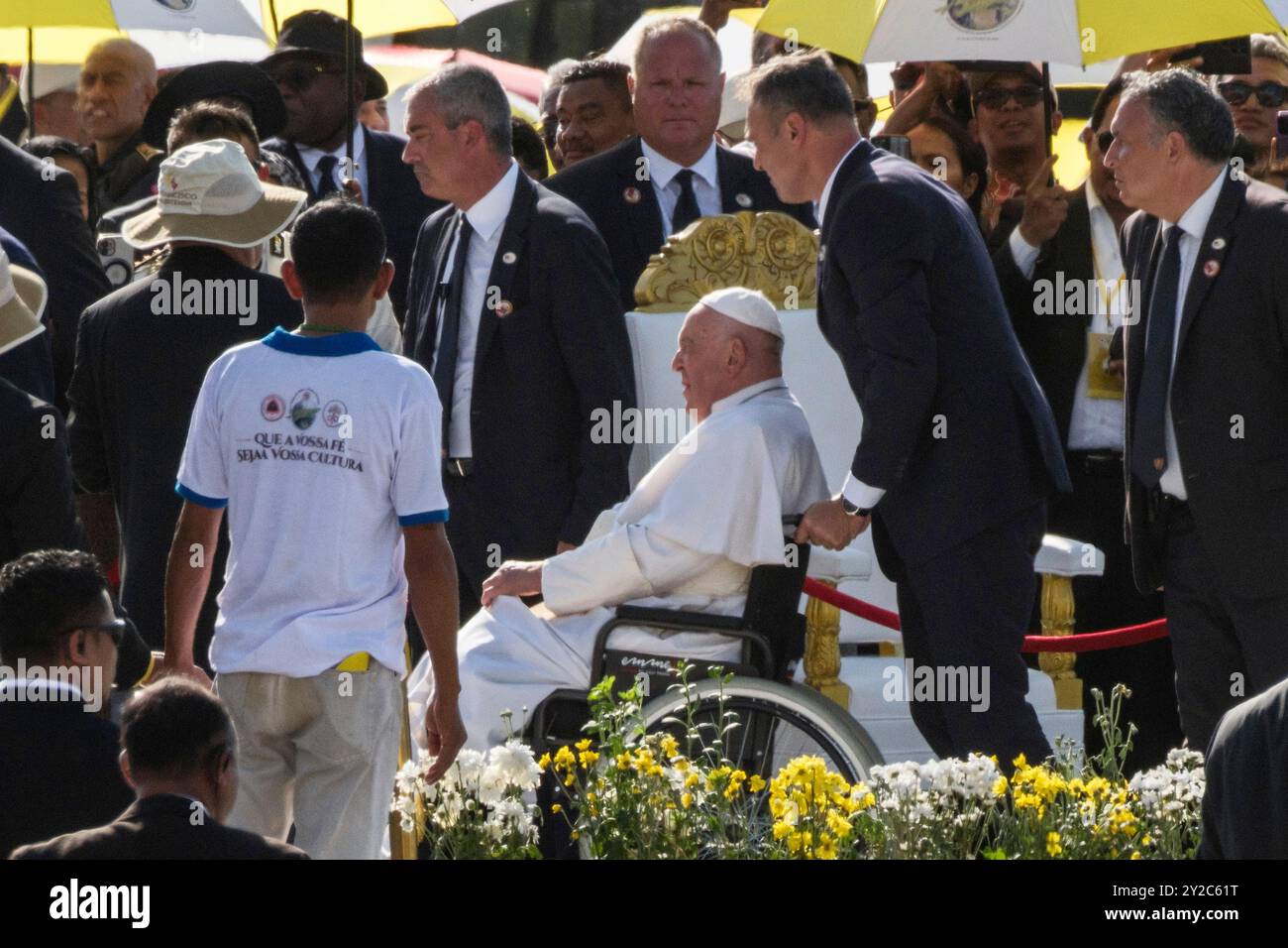 Pope Francis arrives to lead a holy mass at Tasitolu park in Dili, East ...