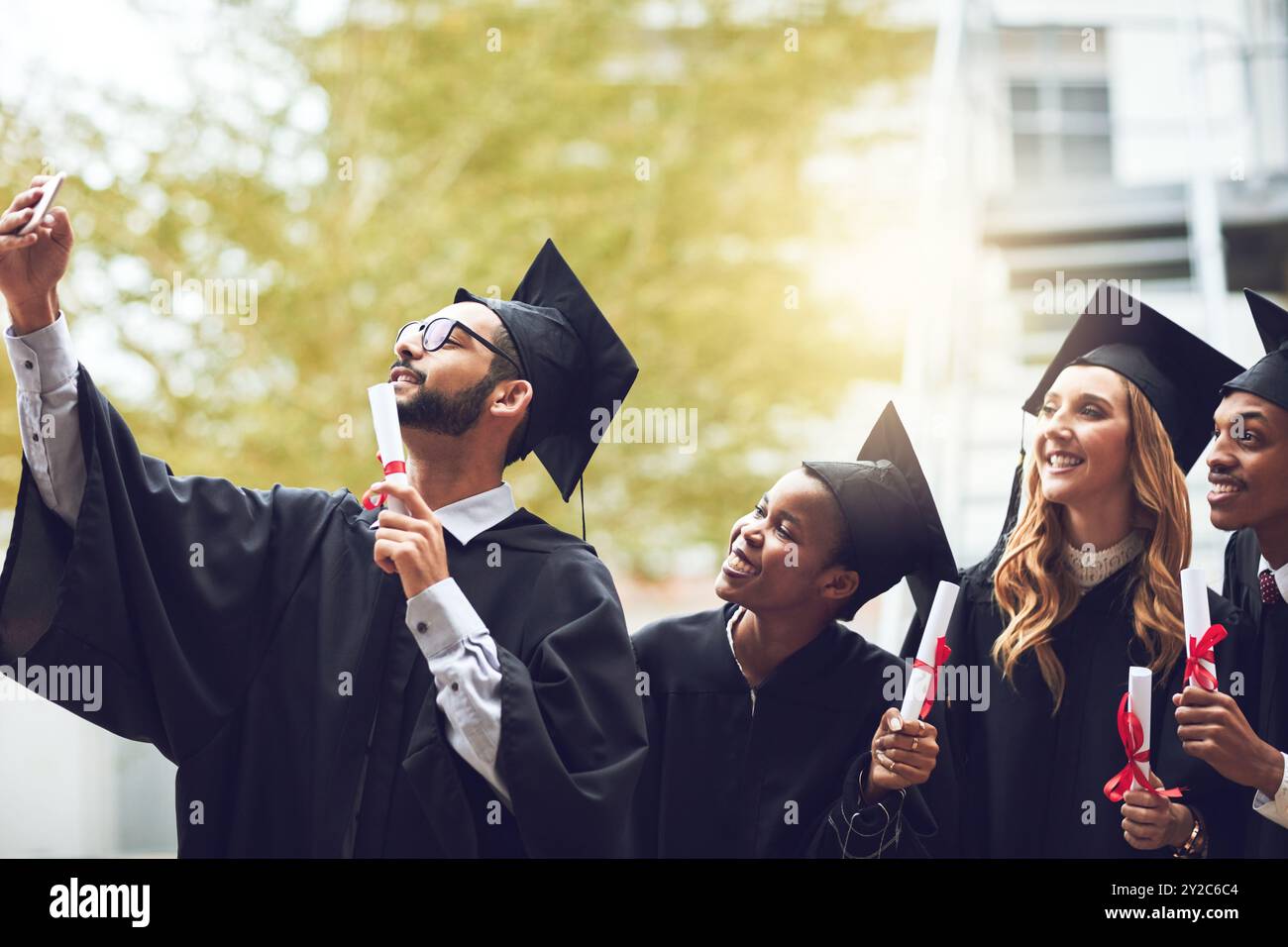 Happy students, graduates and selfie with certificate for graduation ...