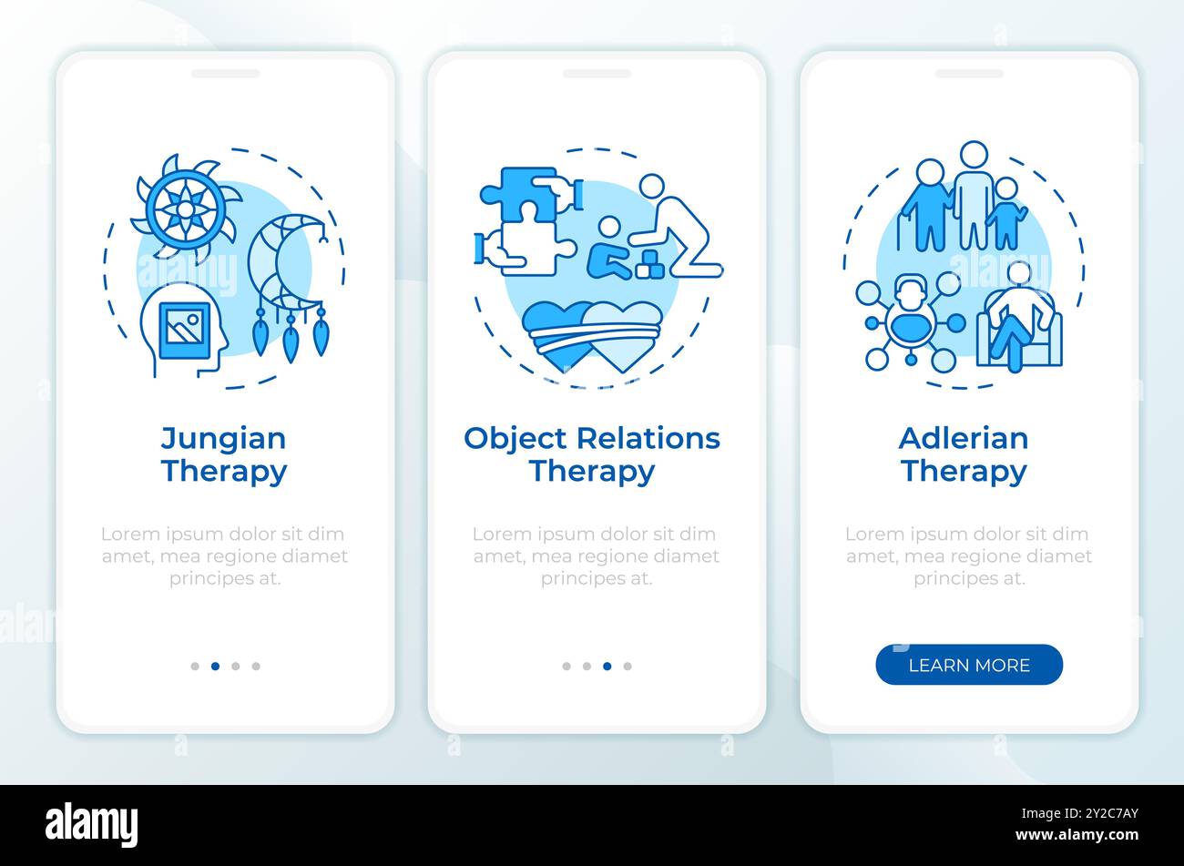 Psychodynamic therapy types blue onboarding mobile app screen Stock ...