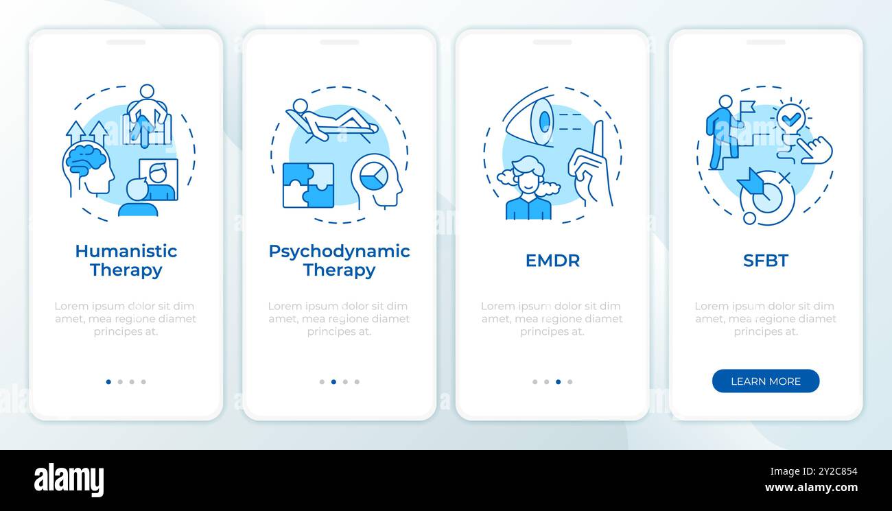 Types of therapeutic modalities blue onboarding mobile app screen Stock ...