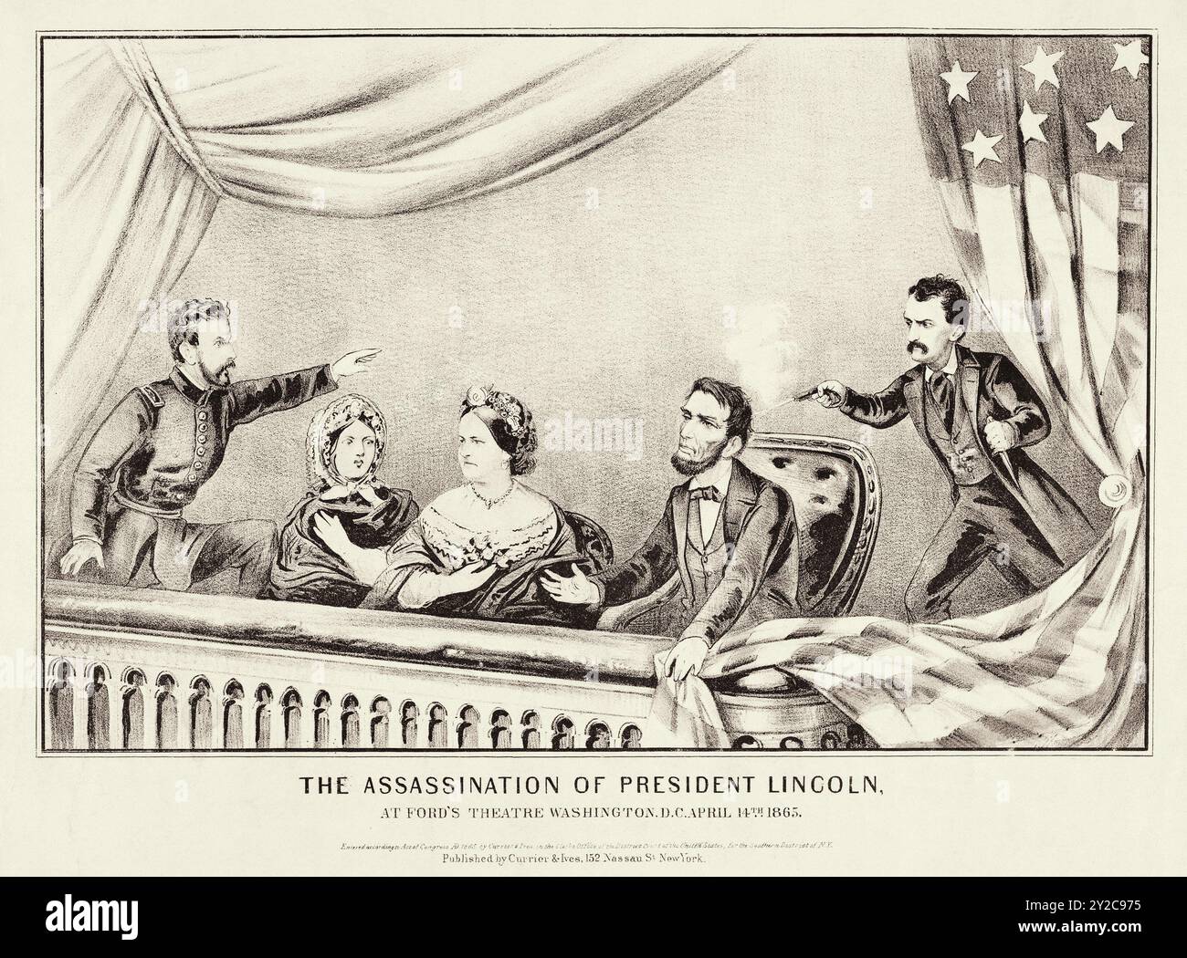 Lithograph of the Assassination of Abraham Lincoln. From left to right ...