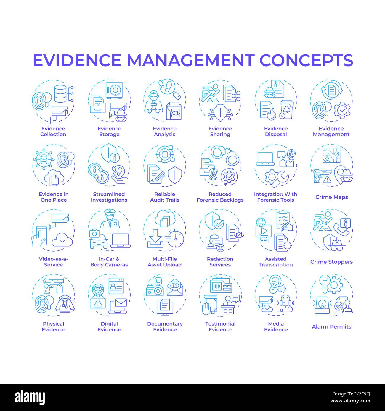 Evidence management blue gradient concept icons Stock Vector Image ...