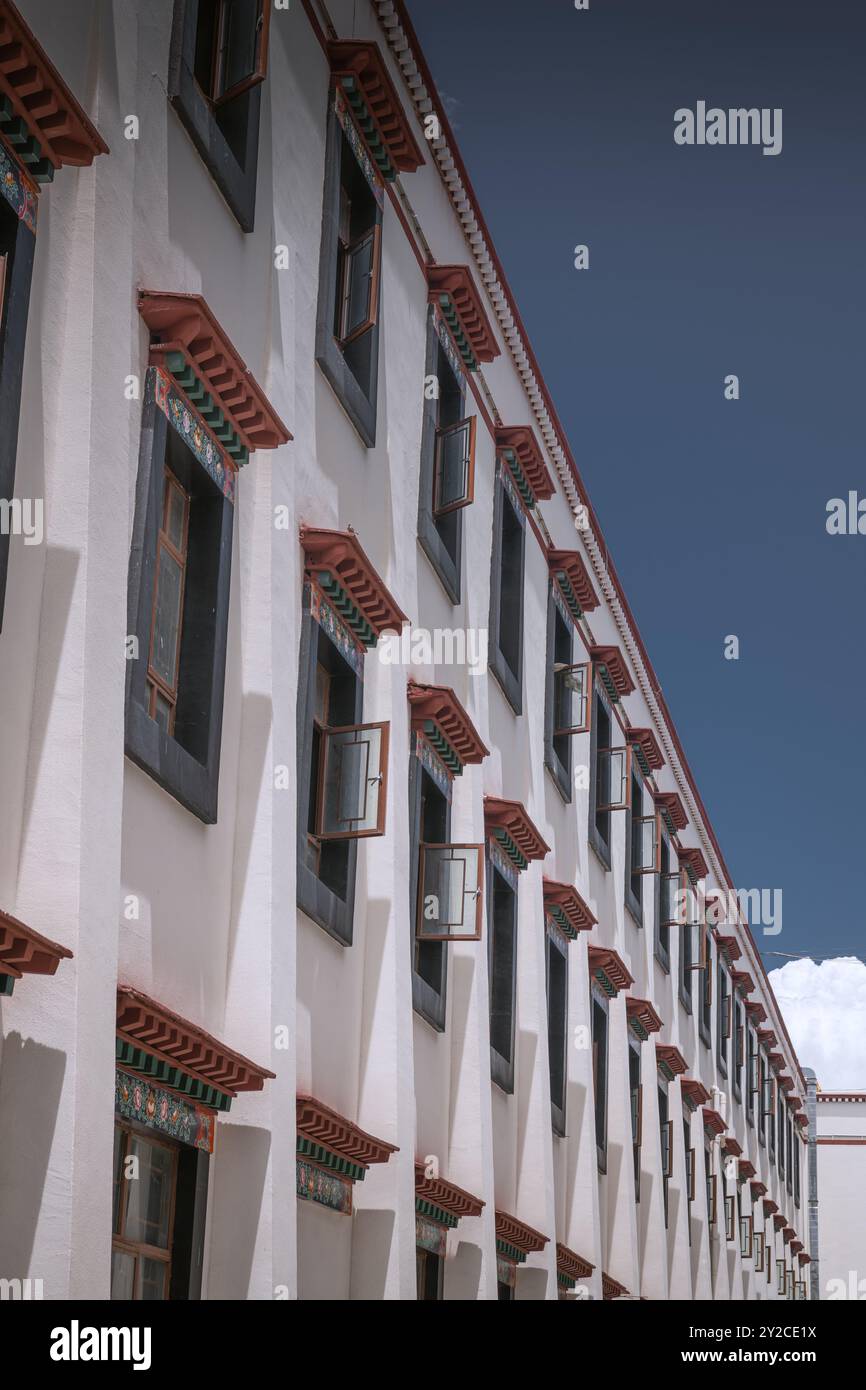 Traditional Tibetan windows decorated with different ornaments, blue ...