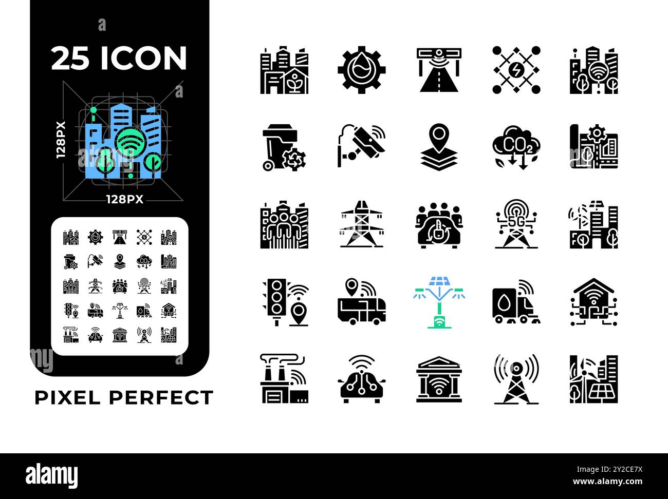 Smart city pixel perfect black glyph icons set on white space Stock ...