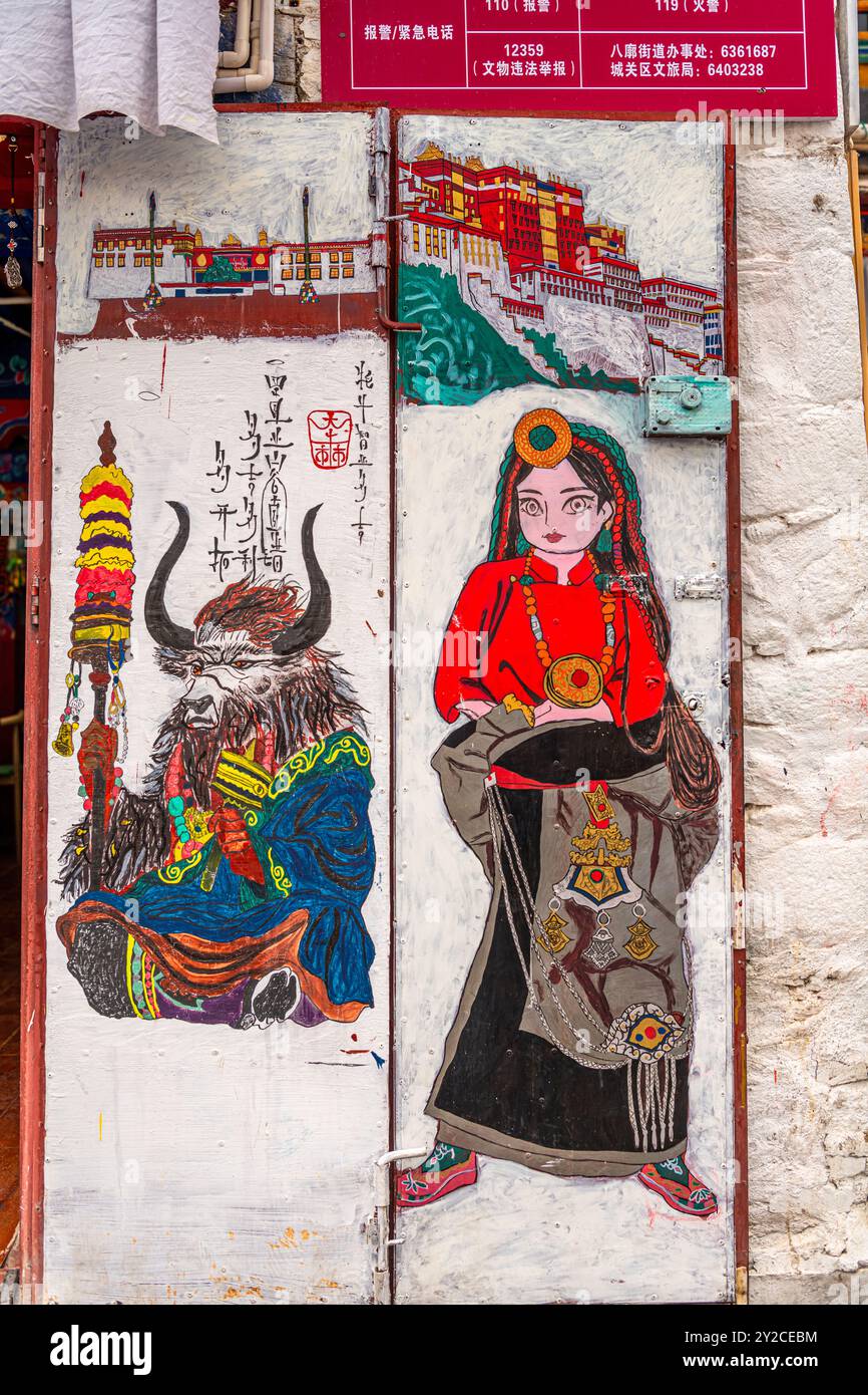 LHASA, TIBET-JULY 4, 2022: Wall painting vendor in Barkhor Street. The ...
