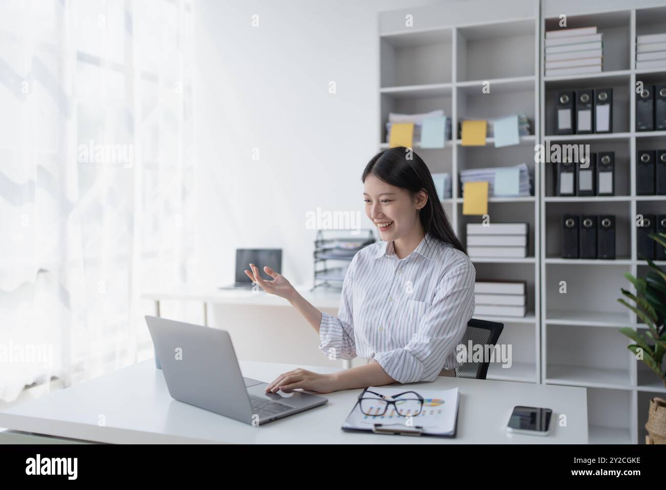 business woman using computer laptop meetings conference to plan a ...