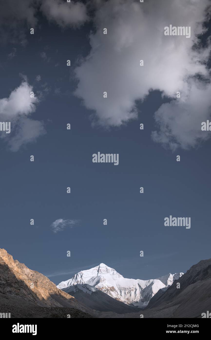 The north face of Mount Everest seen from Rongbuk monastery. A lot of ...