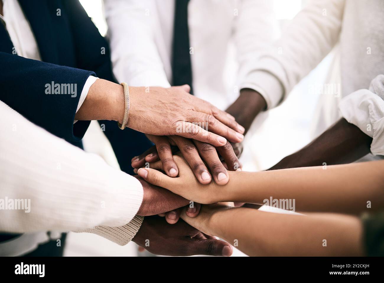 Team building, hands and business people in circle for support, mission ...