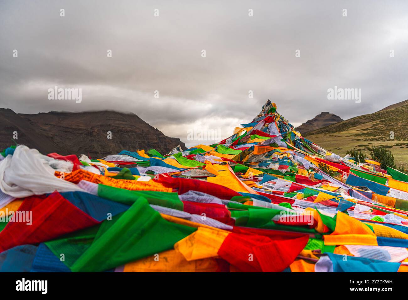 Colorful prayer flags at the offering site in front of the south face ...