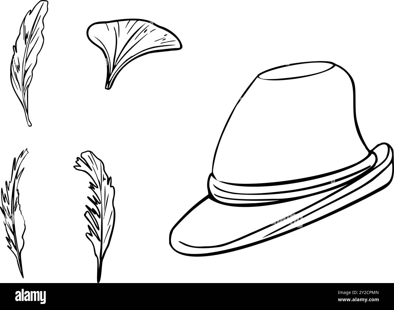 German green hat and feathers monochrome vector linear illustration ...