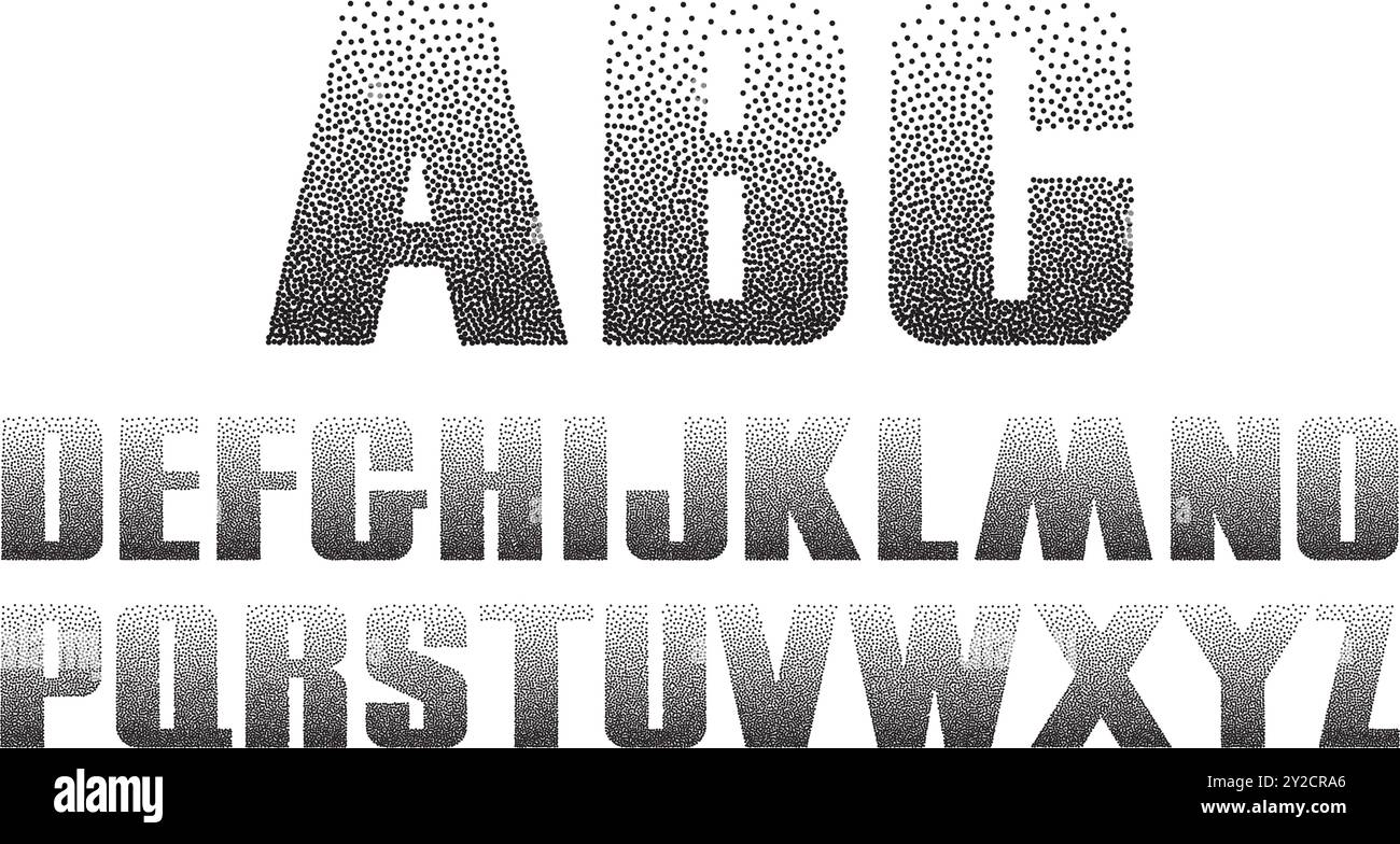 Halftone gradient grain letters. Vector stipple dotted textured font ...