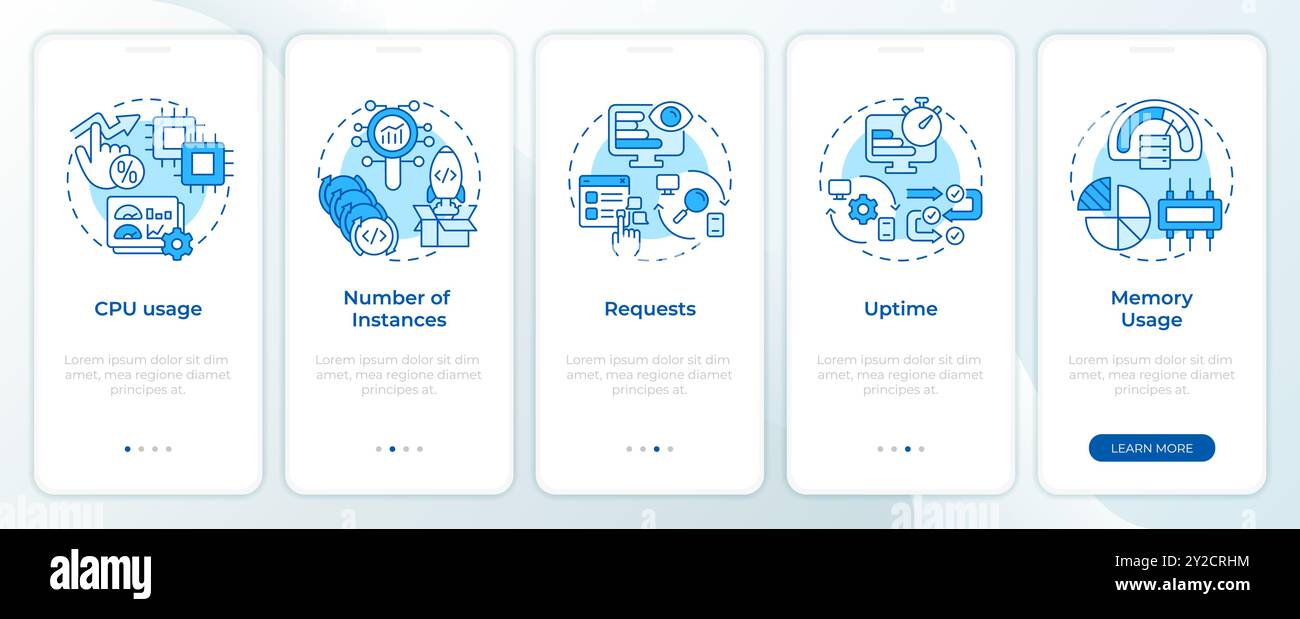 Types Of Metric Monitoring Blue Onboarding Mobile App Screen Stock Vector Image And Art Alamy
