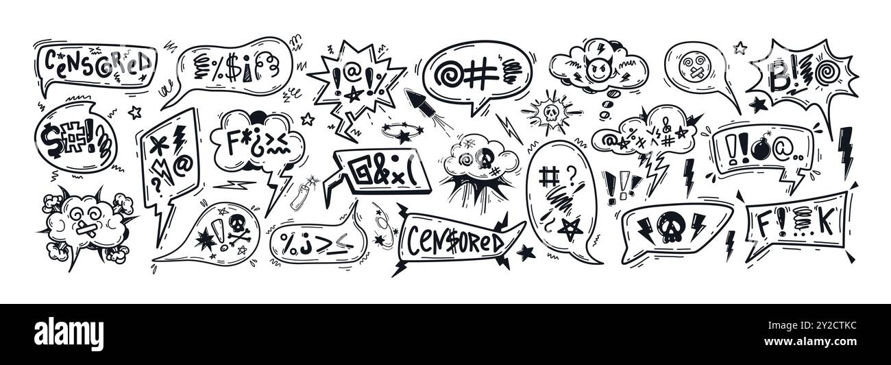 Hand drawn doodle sketch speech bubbles with insults, curses, swear ...
