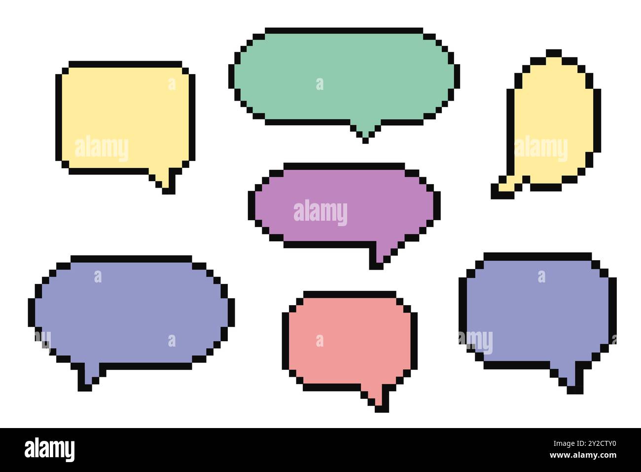 Set of pixel art cloud bubble quote box speech bubble dialog retro 8 bit arcade game interface ...