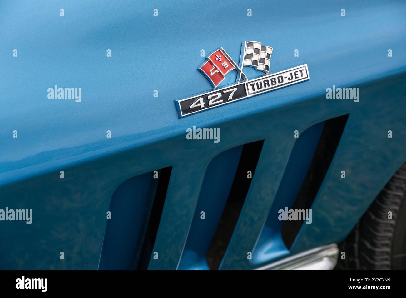FRANKENMUTH, MI/USA - SEPTEMBER 6, 2024: Close-up of a 1966 Chevrolet ...
